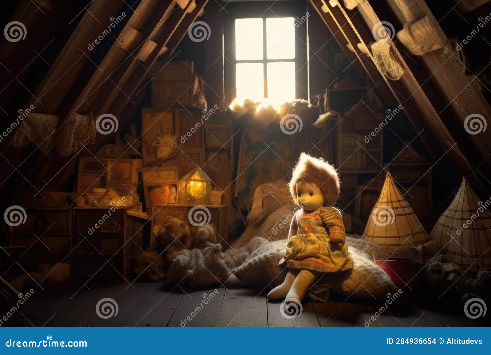 A Dimly Lit, Forgotten Room With A Creaky Staircase And A Dusty Table ...