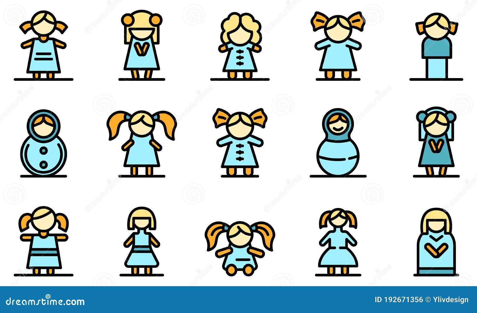 Doll icons set vector flat stock vector. Illustration of character ...