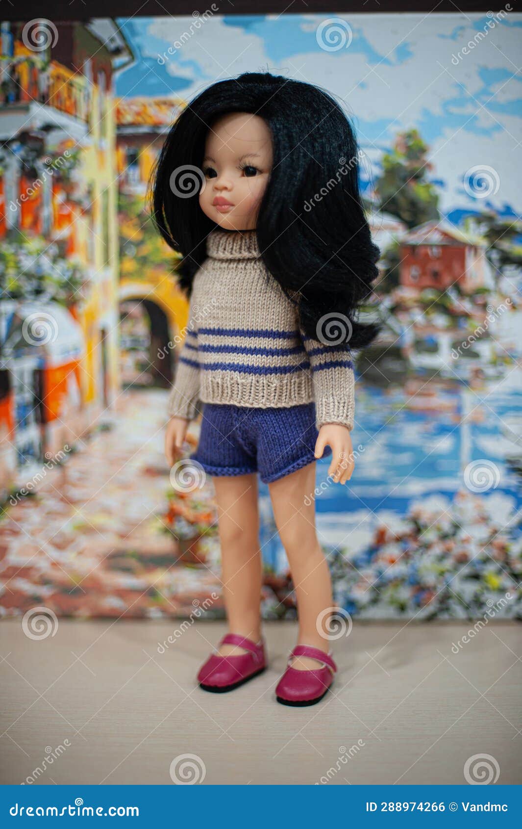 Doll with Lush Black Hair Stands Sideways. Stock Photo - Image of ...