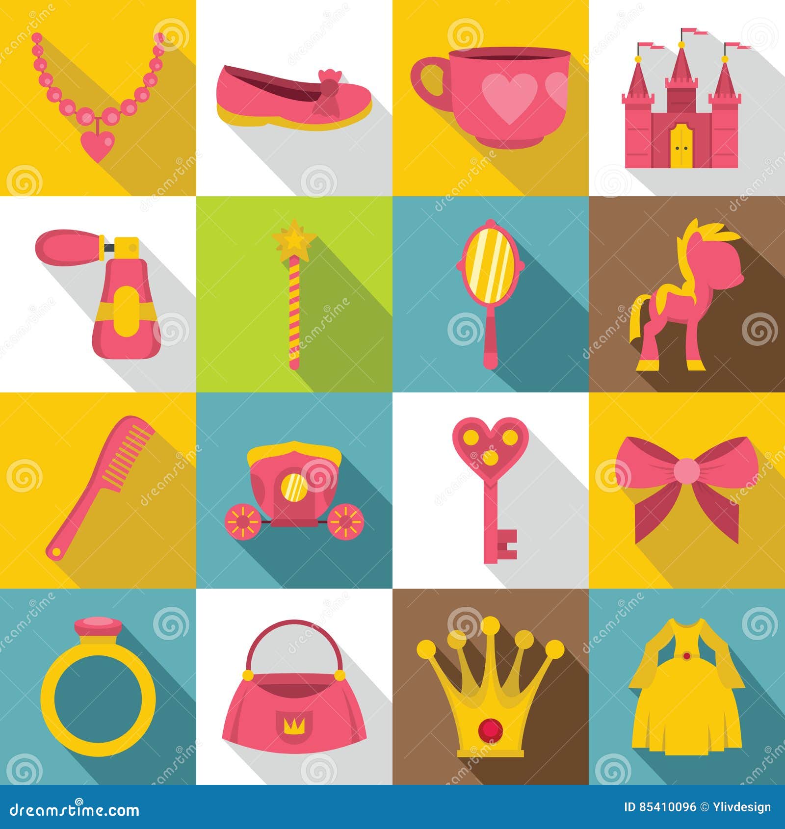 Doll Princess Items Icons Set, Flat Style Stock Vector - Illustration ...