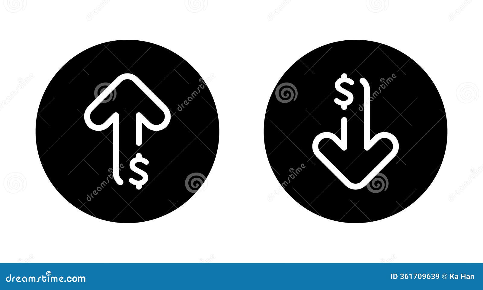 Dollar Arrow Up and Down Outline Icon on Black Circle. USD Increase and ...