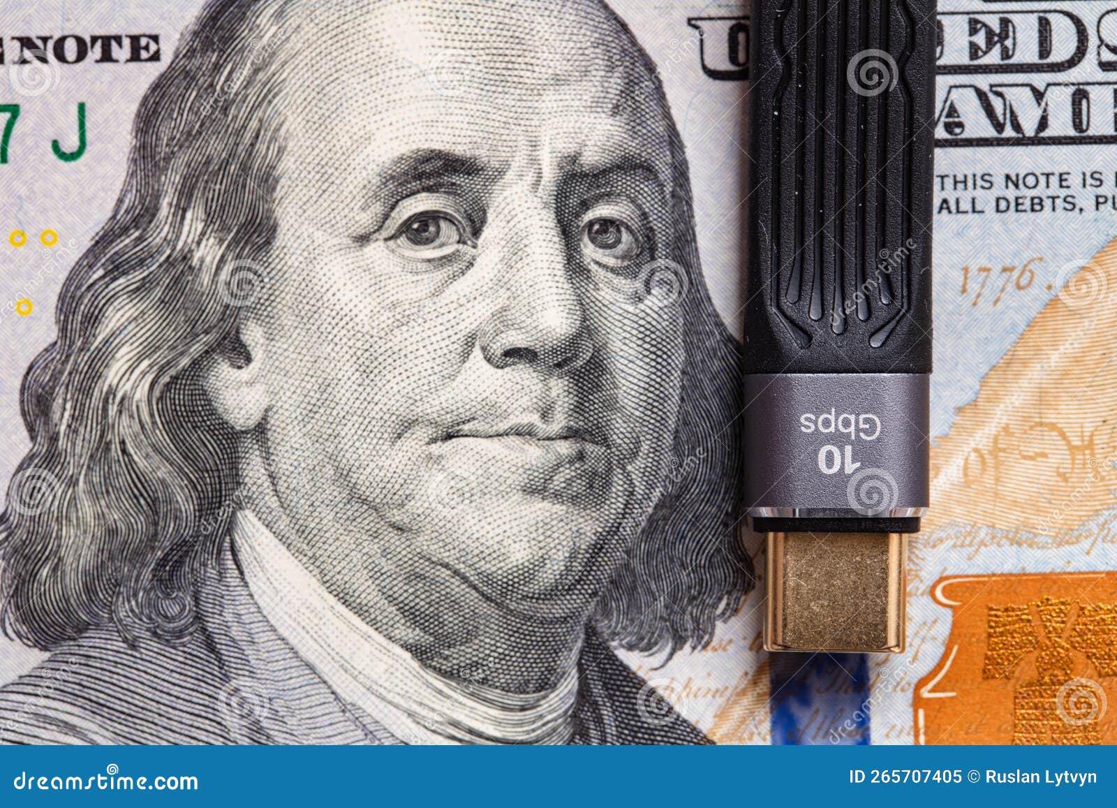 100 Dollar Banknote with Black USB Type-C Cord Stock Image - Image of ...