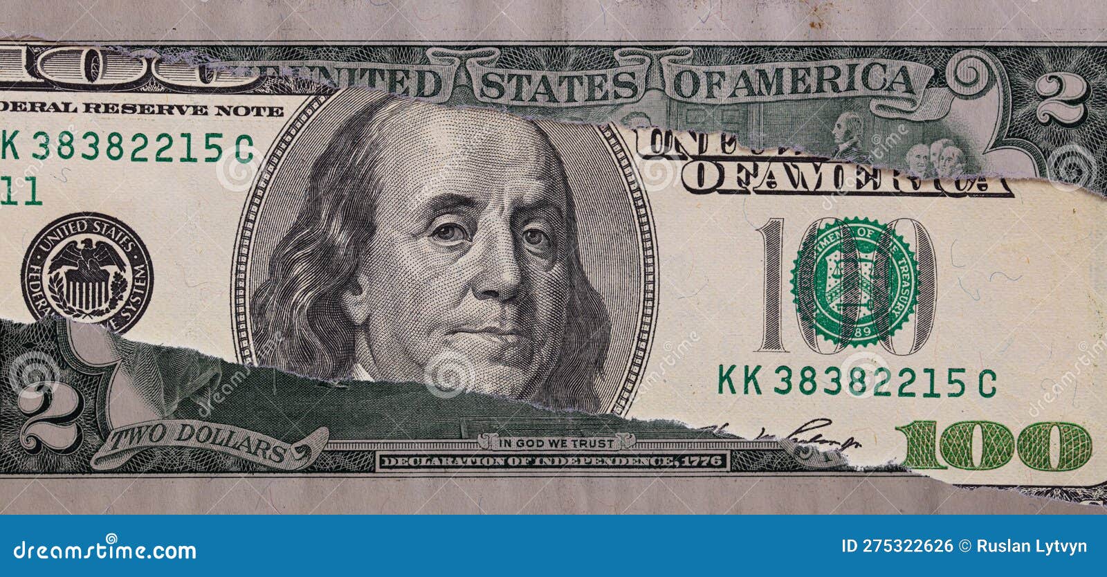 100 Dollar Banknote through Torn 2 Dollar Banknote Stock Photo - Image ...