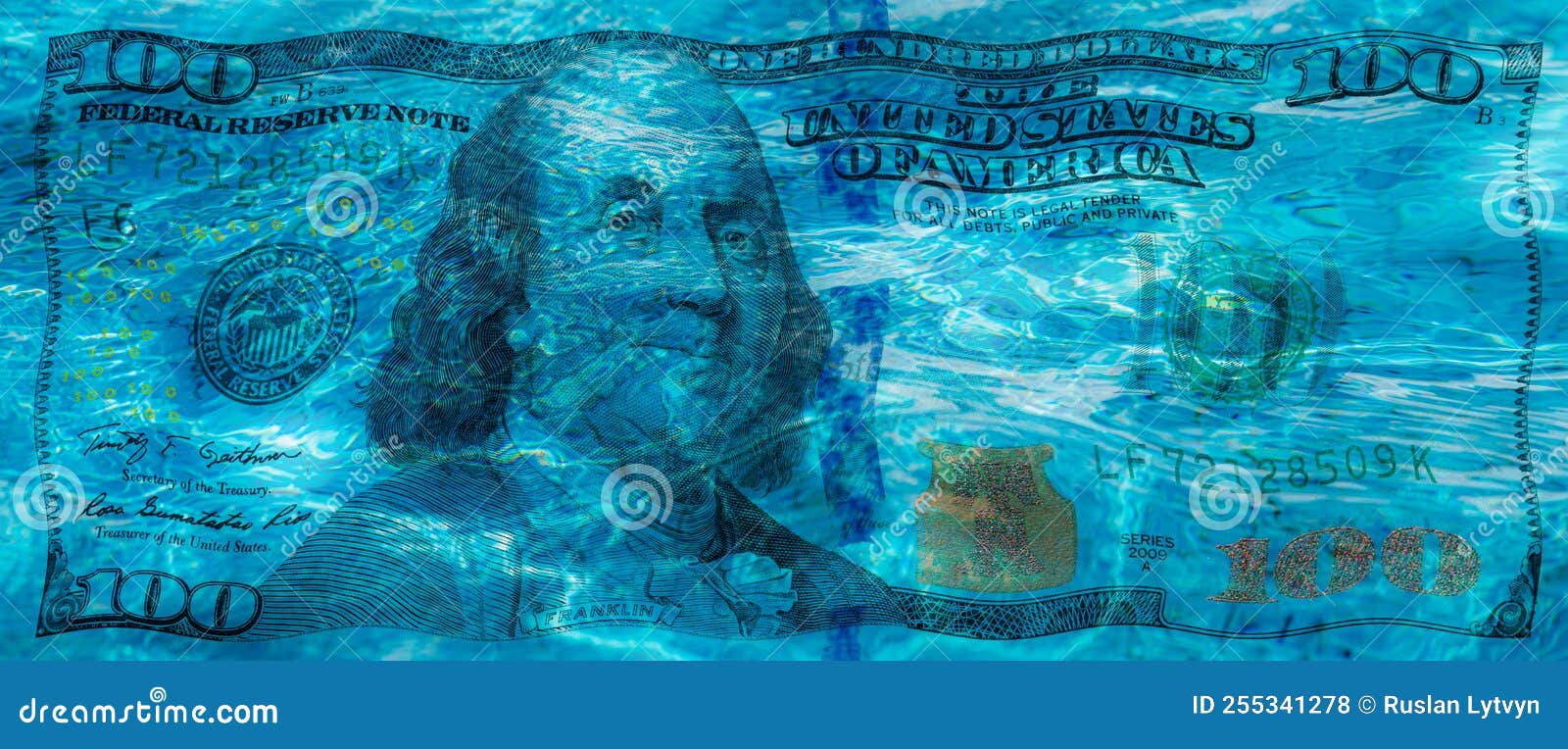 100 Dollar Banknote Under Water Stock Photo - Image of money, design ...