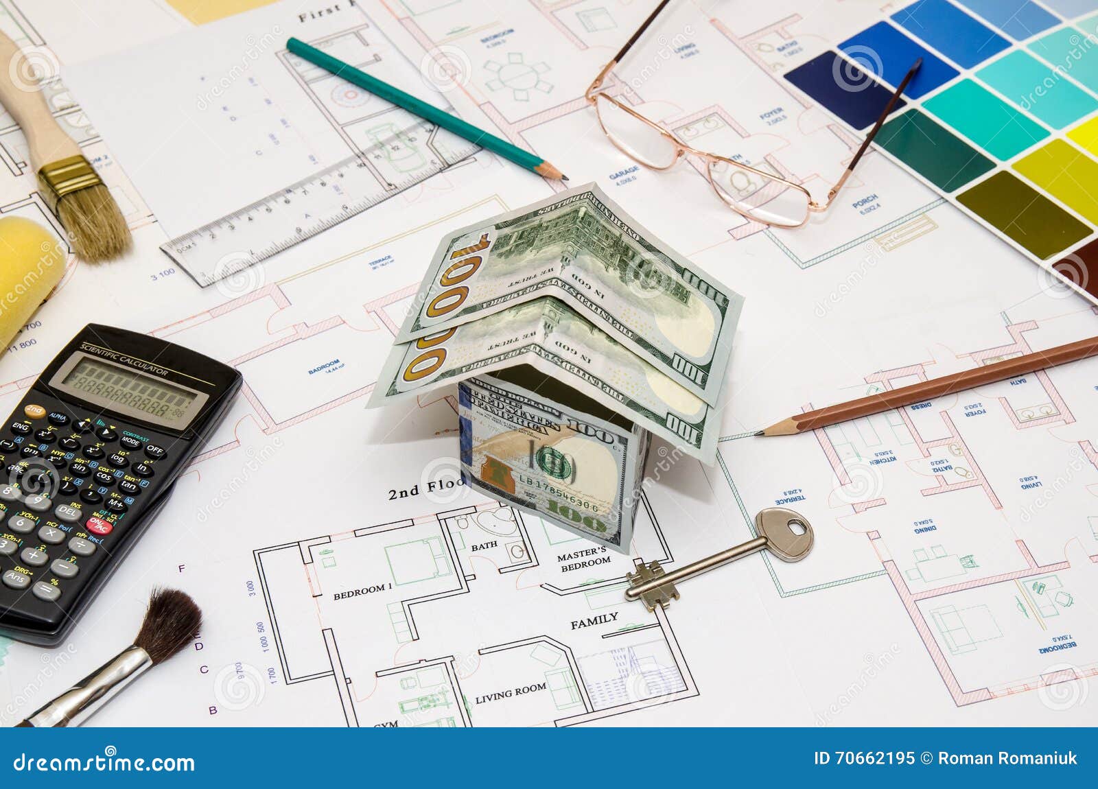 Dollar Banknotes As Model House on a Construction Plan Stock Image ...