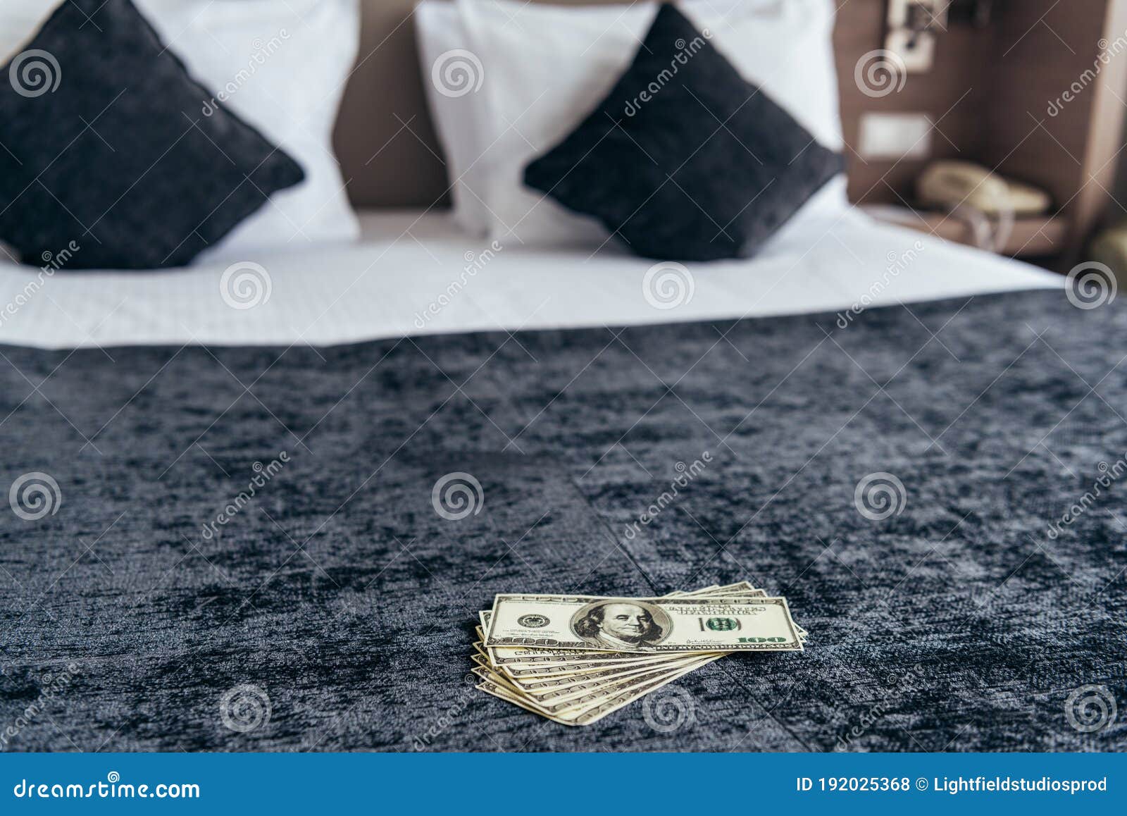 Dollar Banknotes on Bed with Pillows Stock Photo - Image of bedroom ...