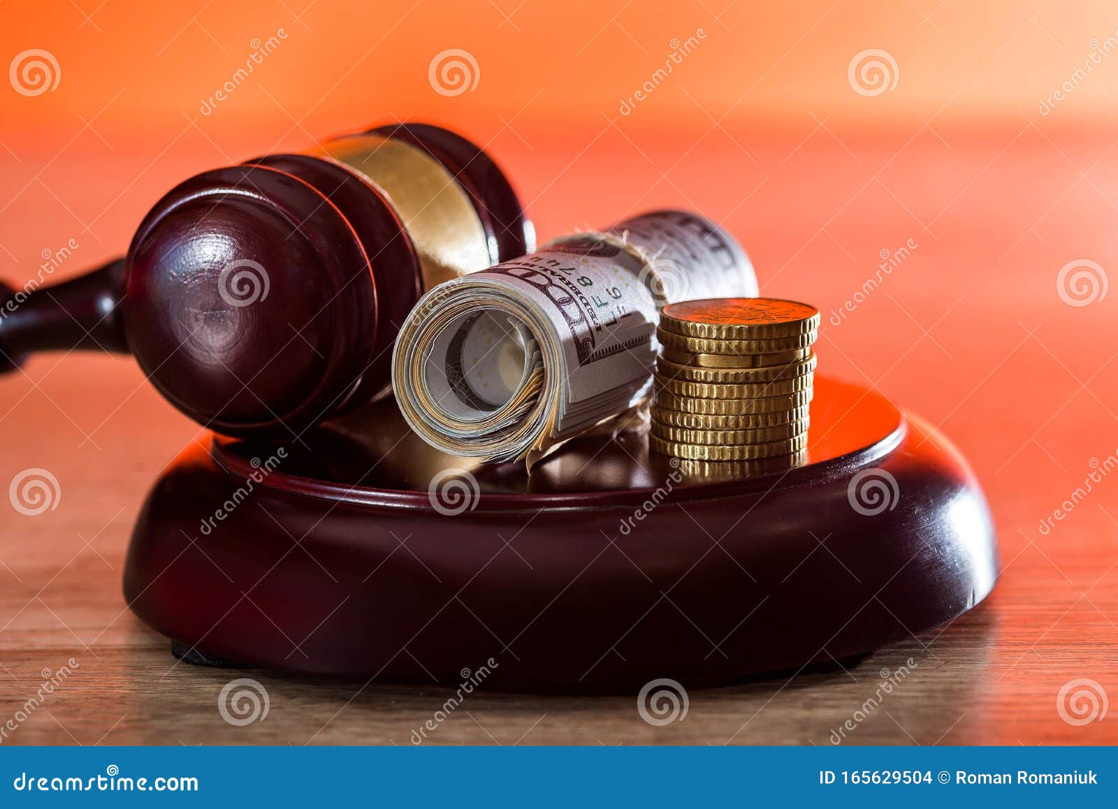 Dollar Banknotes in Bundle with Wooden Judge`s Gavel Stock Photo ...
