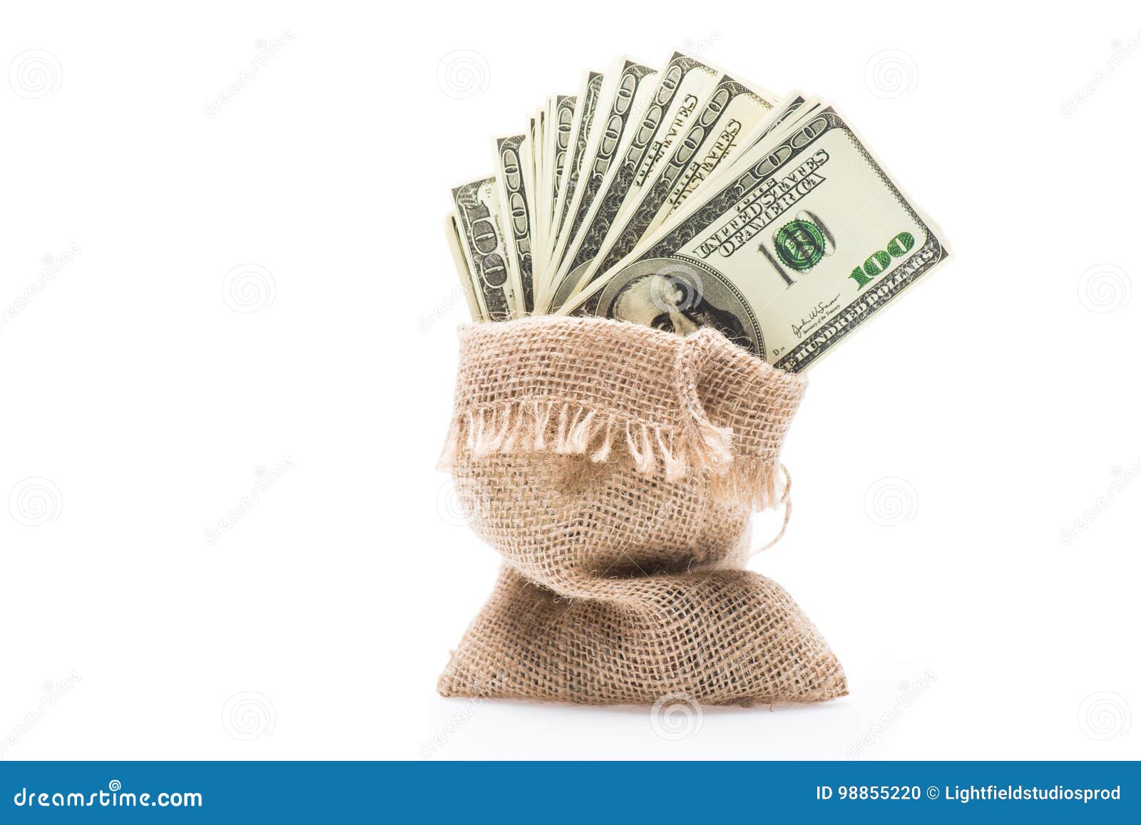 Dollar Banknotes in Money Bag Isolated on White Stock Photo - Image of ...