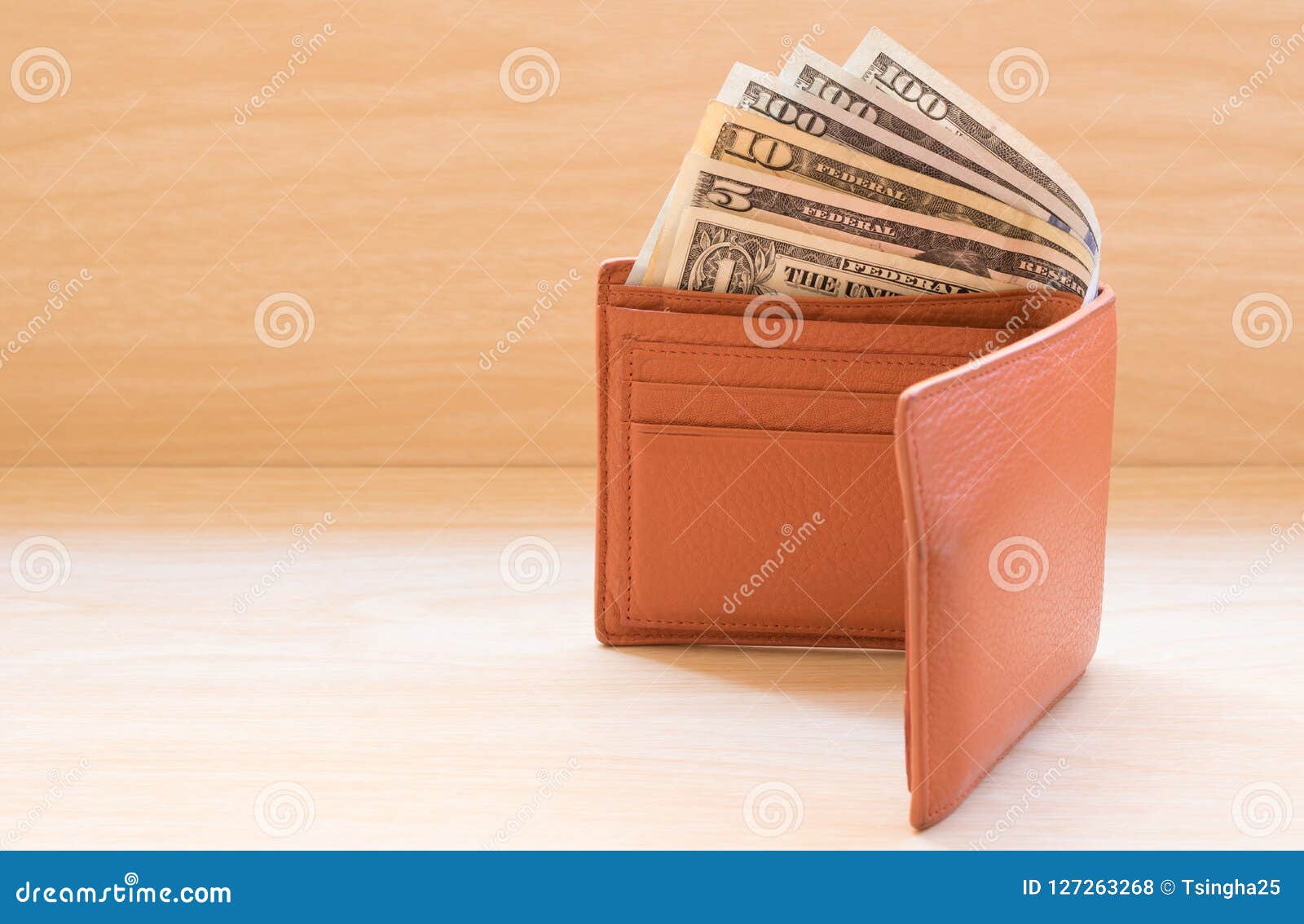 Dollar Banknotes and Wallet on Wooden Table Stock Photo - Image of ...
