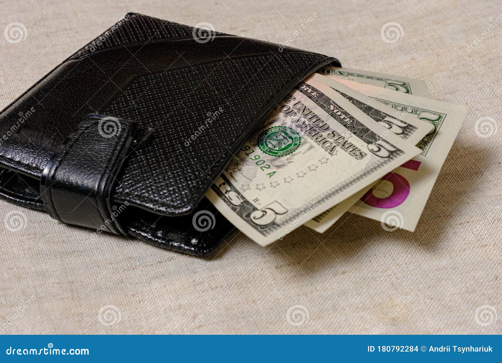 A Dollar Bill in the Size 5 of a Black Wallet Stock Photo - Image of ...