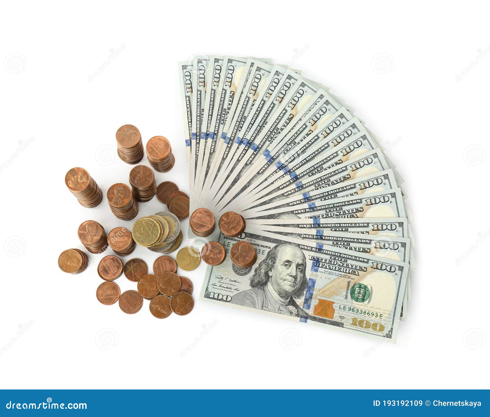 Dollar Bills and Coins Isolated on White Stock Image - Image of finance ...