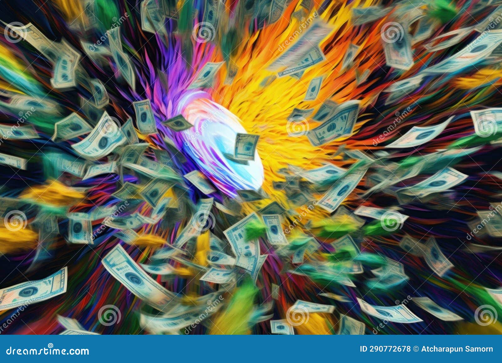 Dollar Bills Falling with Colorful Abstract Background Stock Photo ...