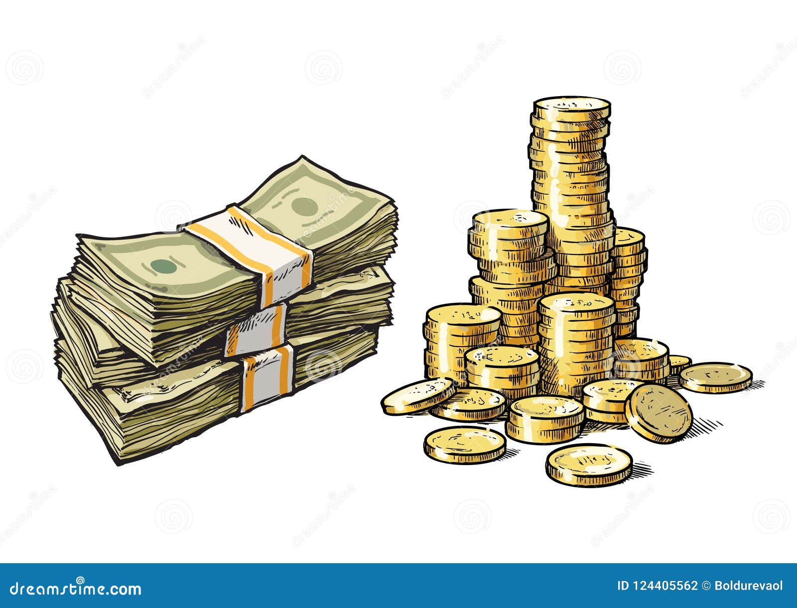 Dollar Bills And Stack Of Gold Coins Set. Hand Drawn Sketch Vector Set ...
