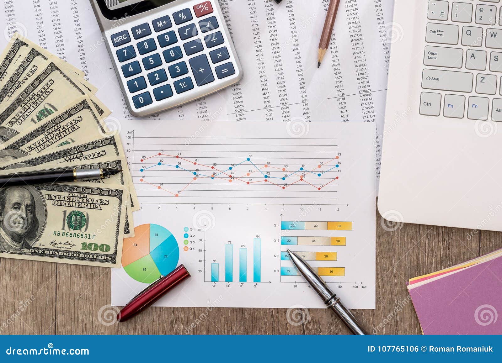 Dollar Bills on a Table with Graph Chart and Laptop, Pen Stock Photo ...