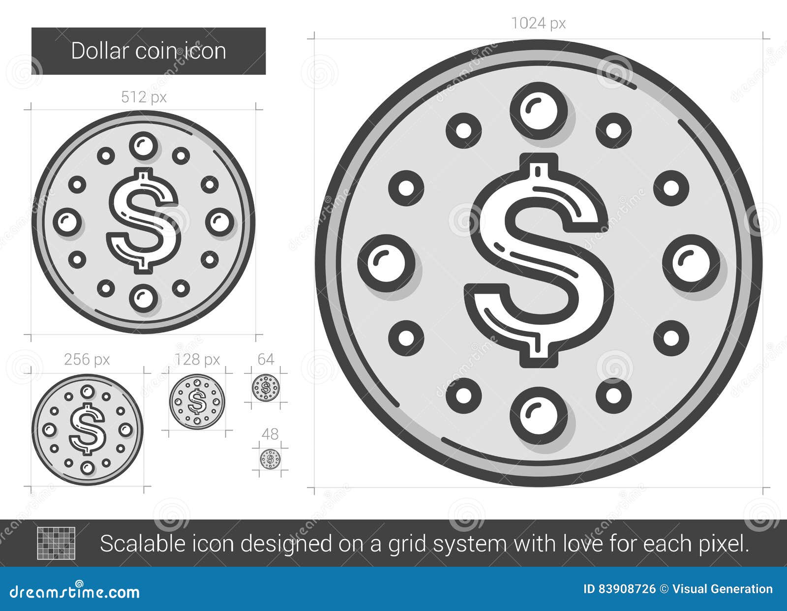Dollar coin line icon. stock vector. Illustration of income - 83908726