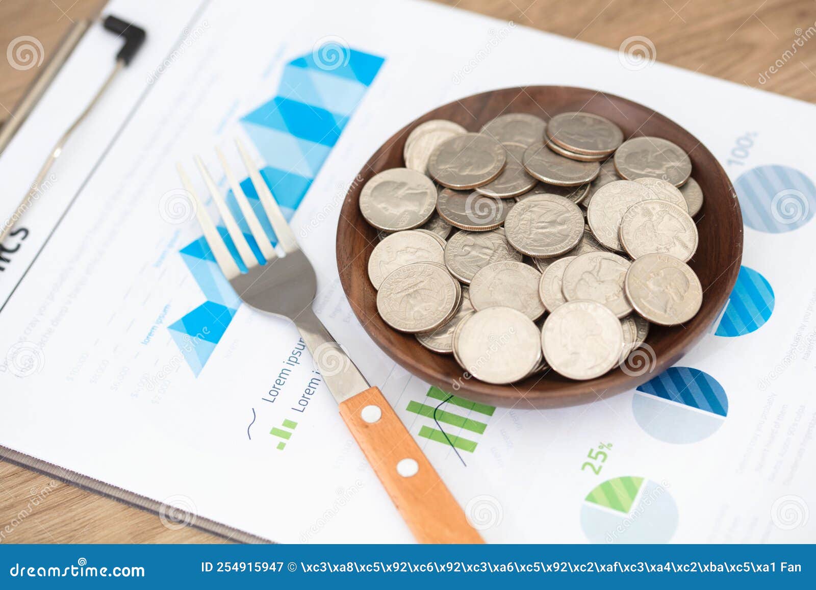 Dollar Coins on a Plate and a Fork on a Document Stock Image - Image of ...