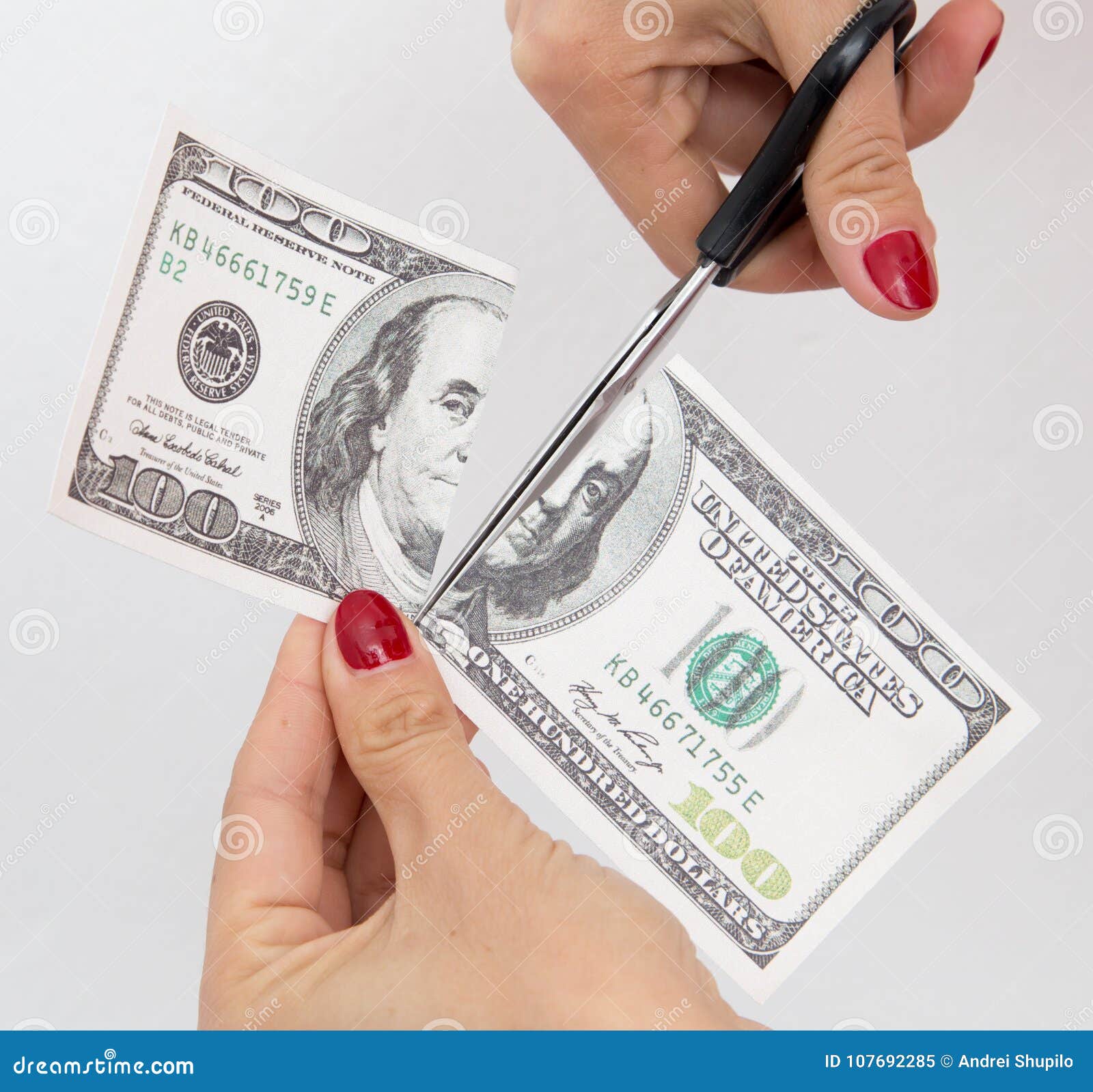 100 Dollar Cut with Scissors on White Stock Image - Image of number ...