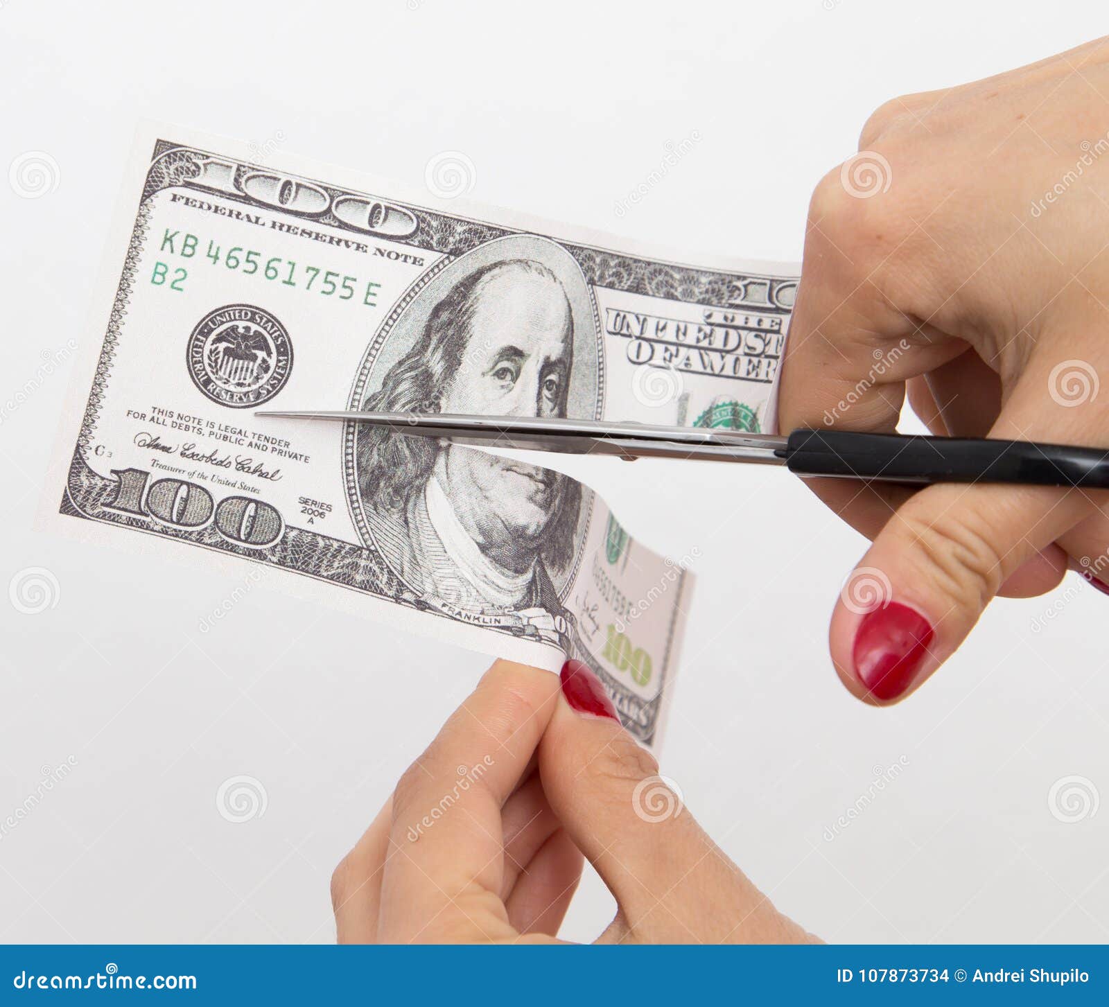 100 Dollar Cut with Scissors on White Stock Photo - Image of object ...