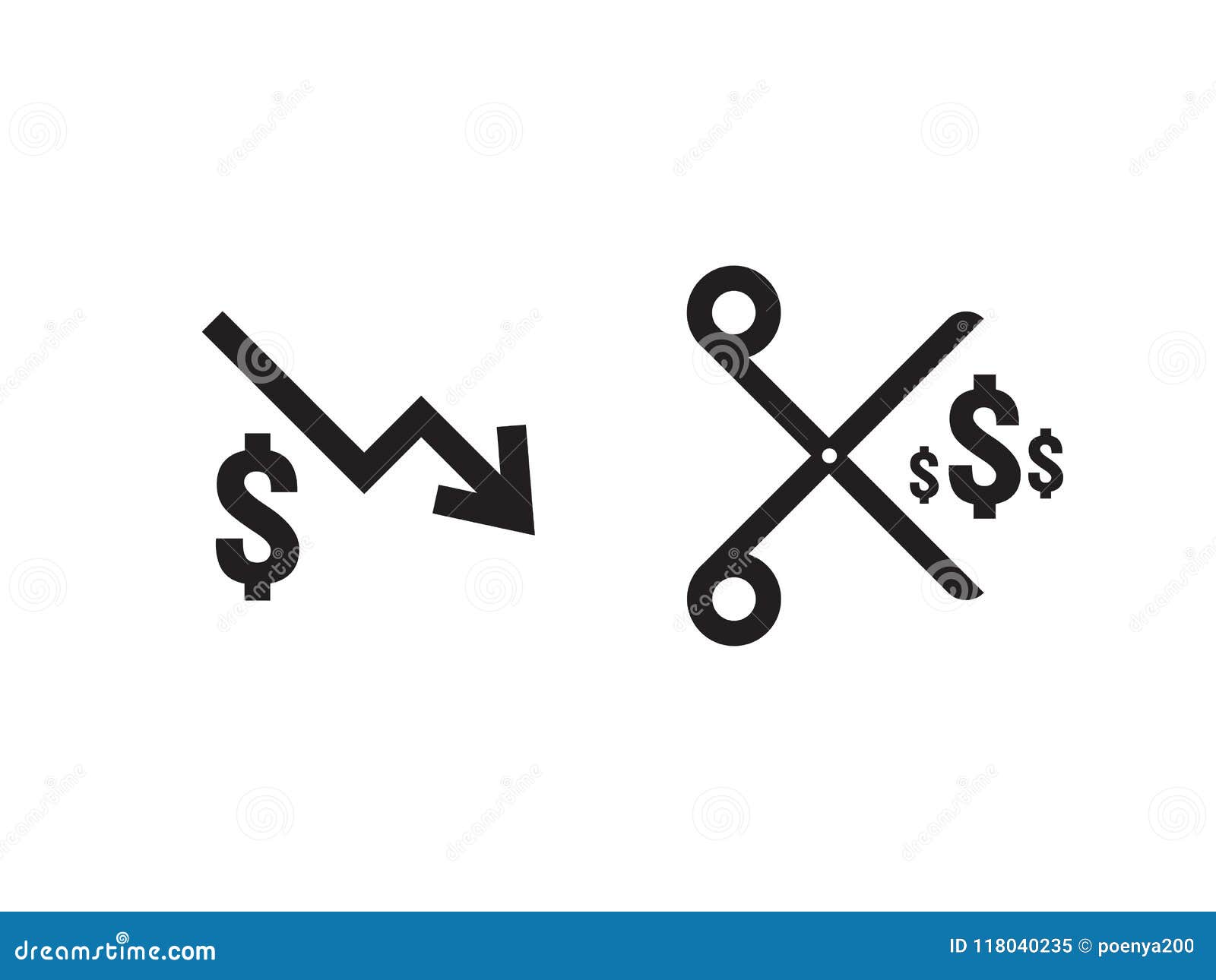 Dollar Decrease Icon. Money Rising Drop Fall Down Symbol. Business Scissor Cut Cost Reduction ...