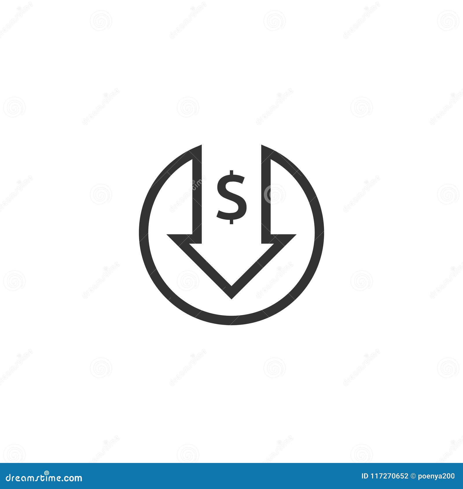 Dollar Decrease Icon. Money Symbol With Arrow Stretching Rising Drop Fall Down. Business Cost ...