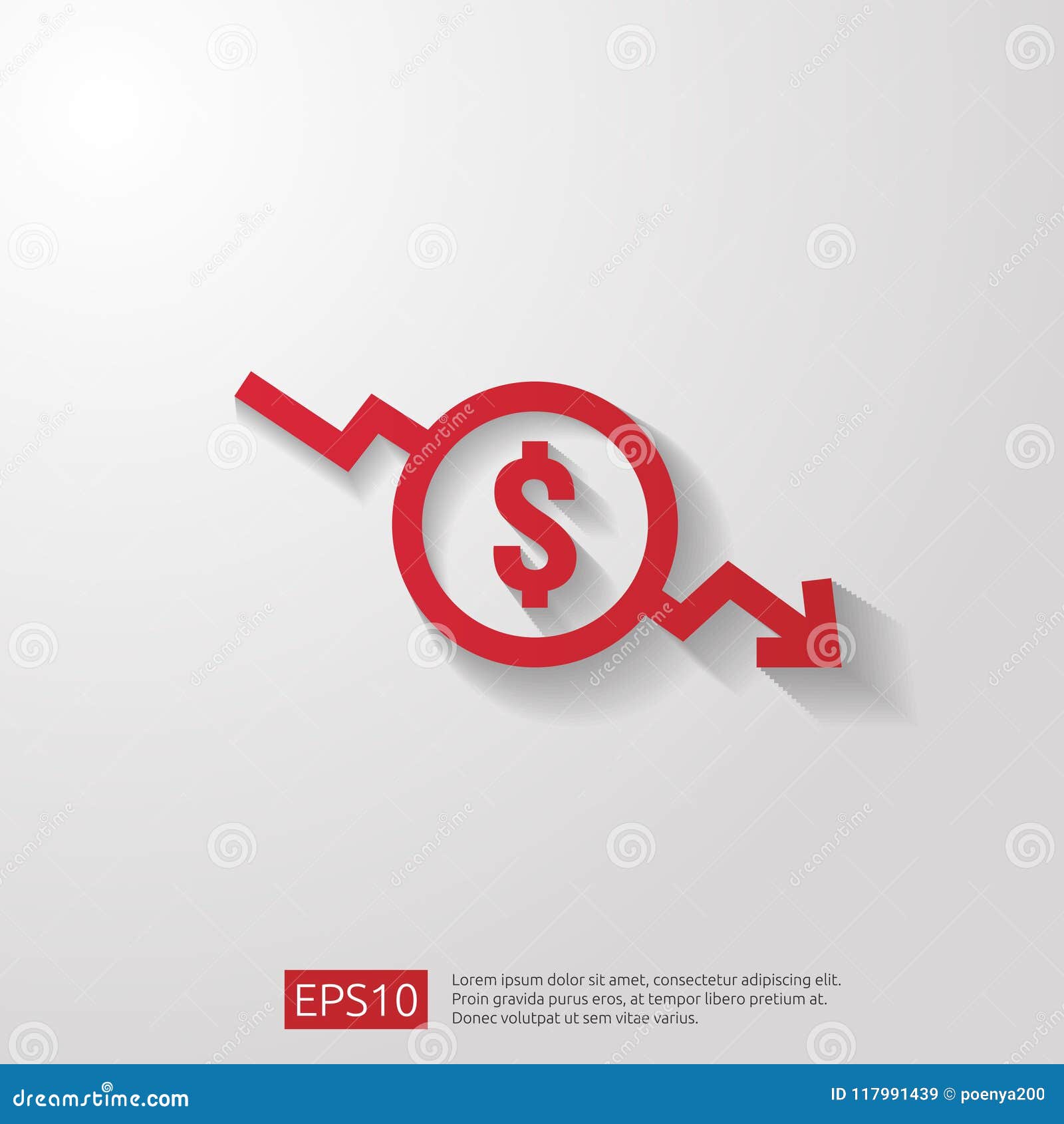 Dollar Decrease Icon. Money Symbol With Arrow Stretching Rising Drop Fall Down. Business Cost ...