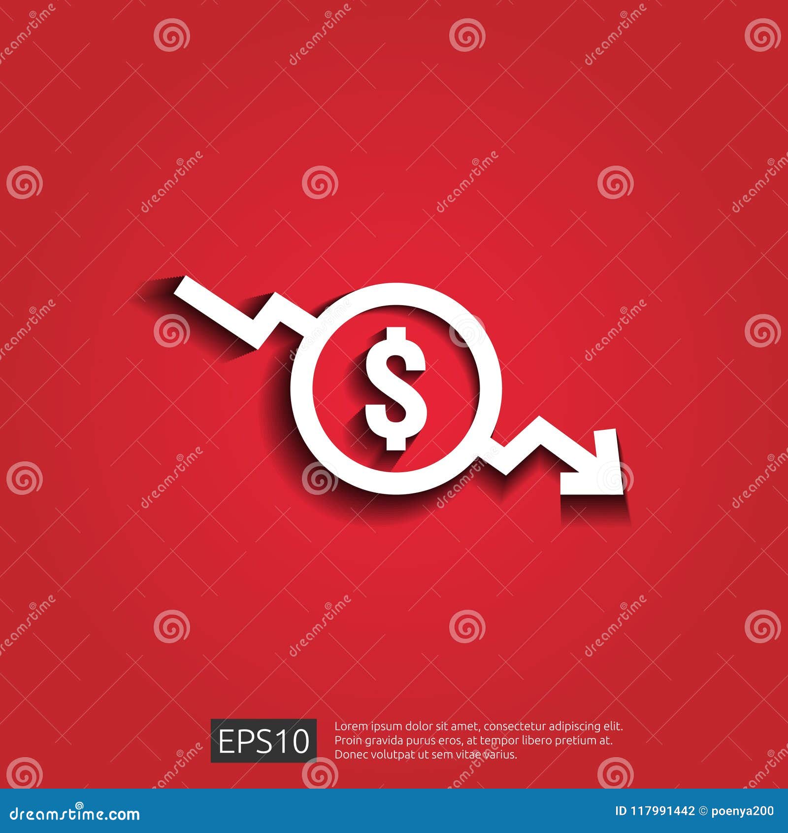 Dollar Decrease Icon. Money Symbol With Arrow Stretching Rising Drop Fall Down. Business Cost ...
