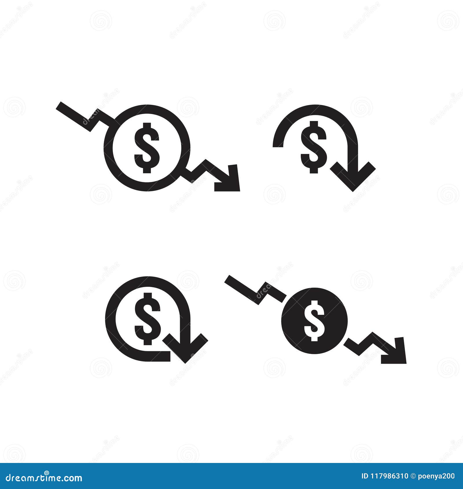 Dollar Decrease Icon Set. Money Symbol with Arrow Stretching Rising Drop Fall Down. Business ...