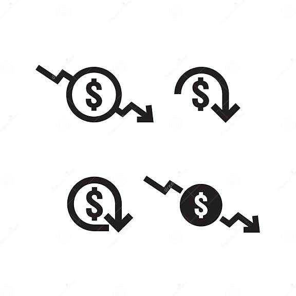 Dollar Decrease Icon Set. Money Symbol with Arrow Stretching Rising ...
