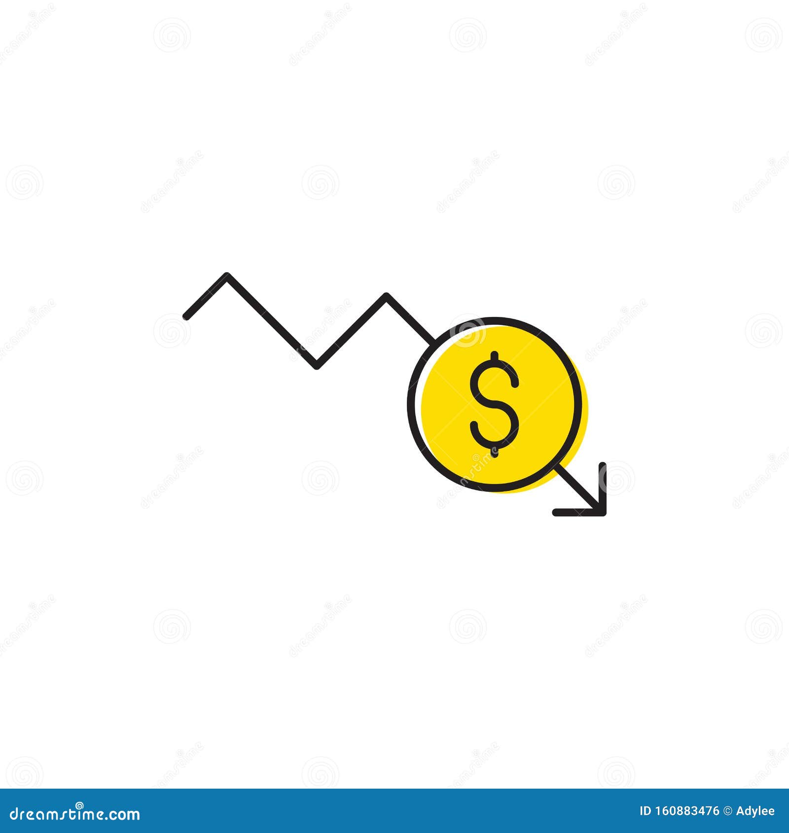 Dollar Decrease Icon. Money Symbol With Arrow Stretching Rising Drop Fall Down. Business Cost ...