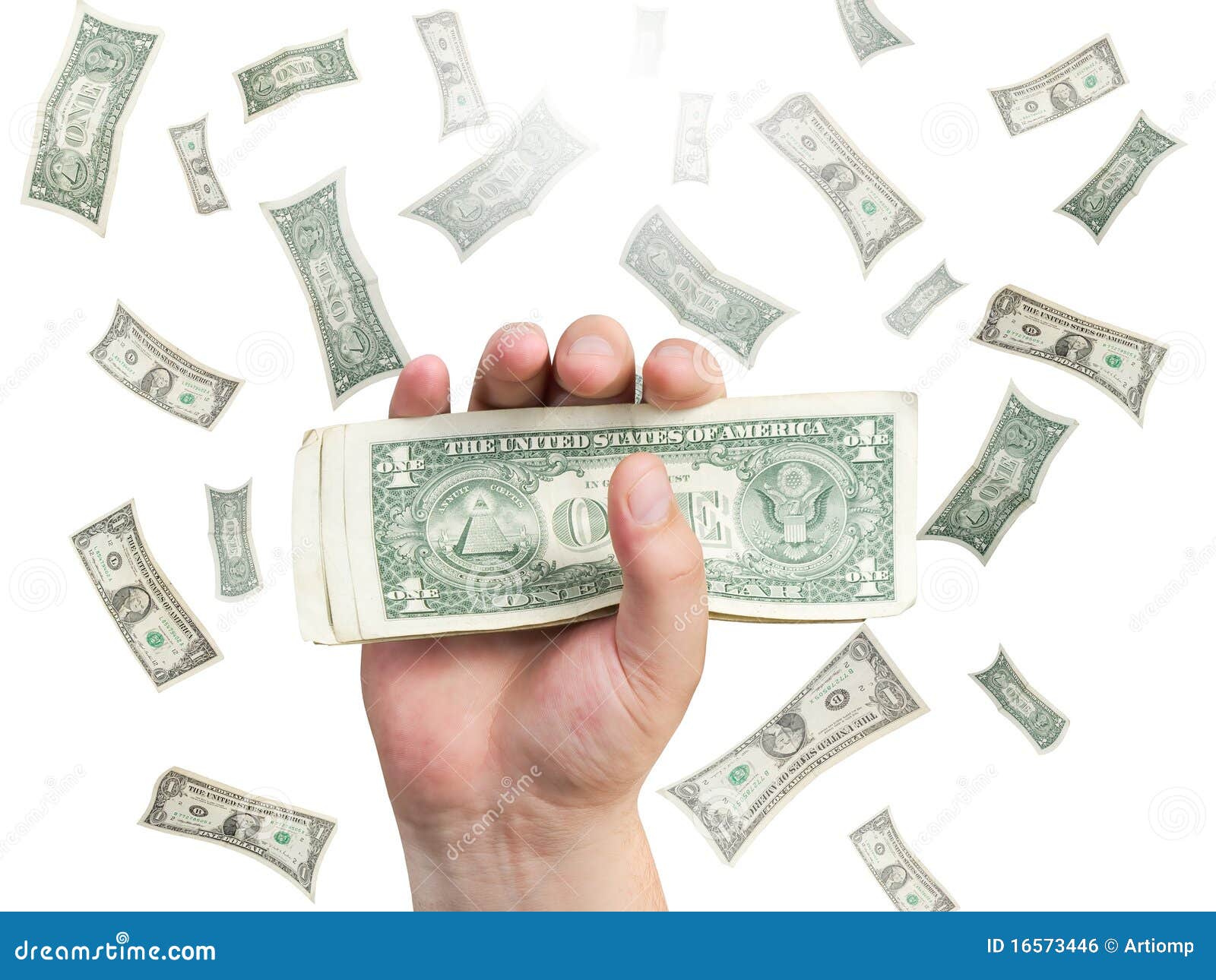 Dollar In Hand Over Falling Money Background Stock Photo ...