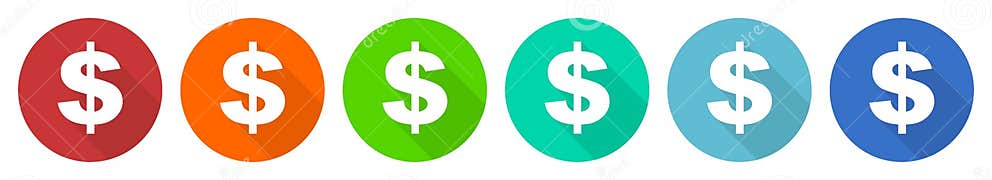 Dollar Icon Set, Flat Design Vector Illustration in 6 Colors Options ...