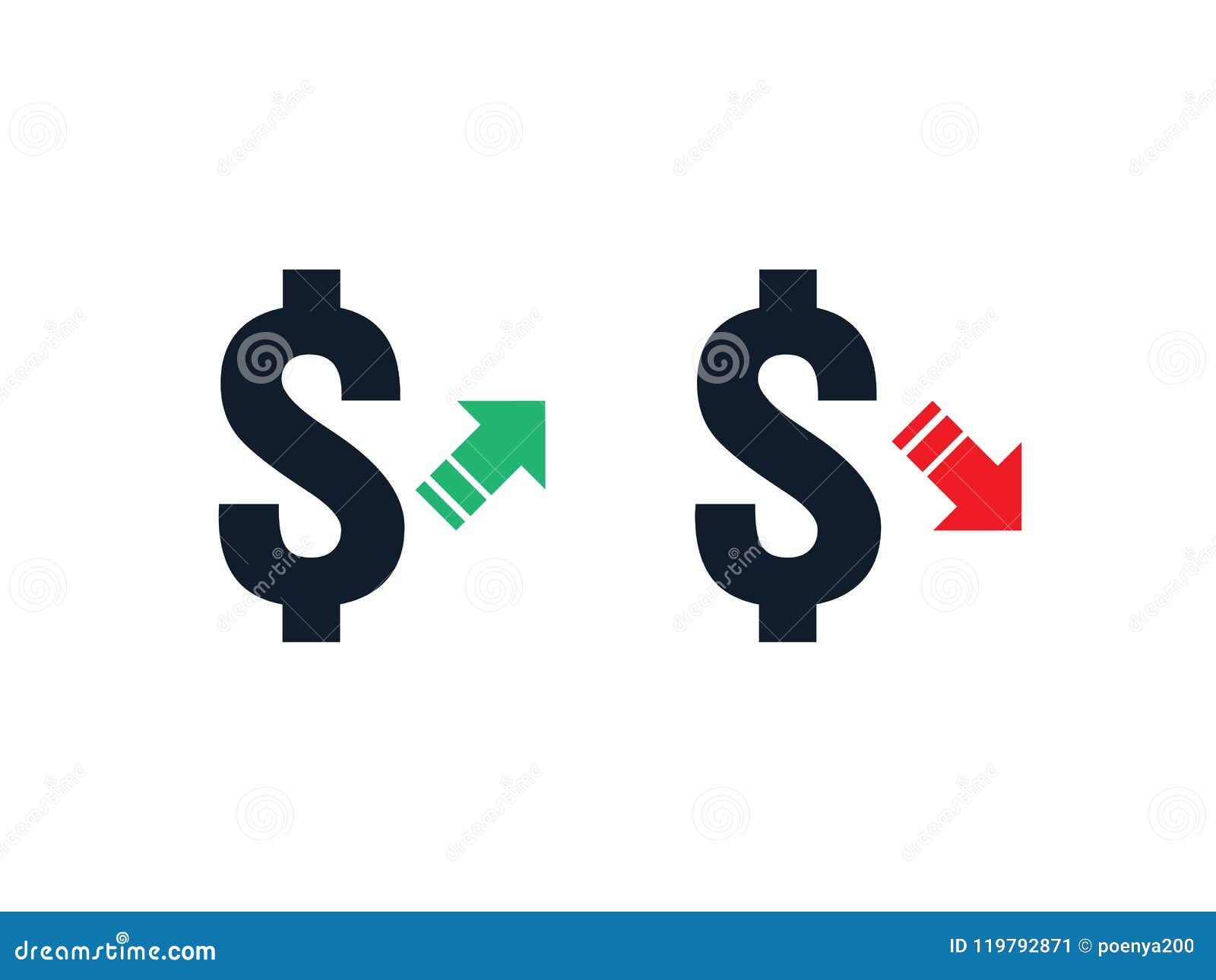Dollar Increase Decrease Icon. Money Symbol with Arrow Stretching Rising Up and Drop Fall Down ...
