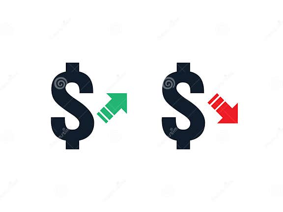 Dollar Increase Decrease Icon. Money Symbol with Arrow Stretching Rising Up and Drop Fall Down ...