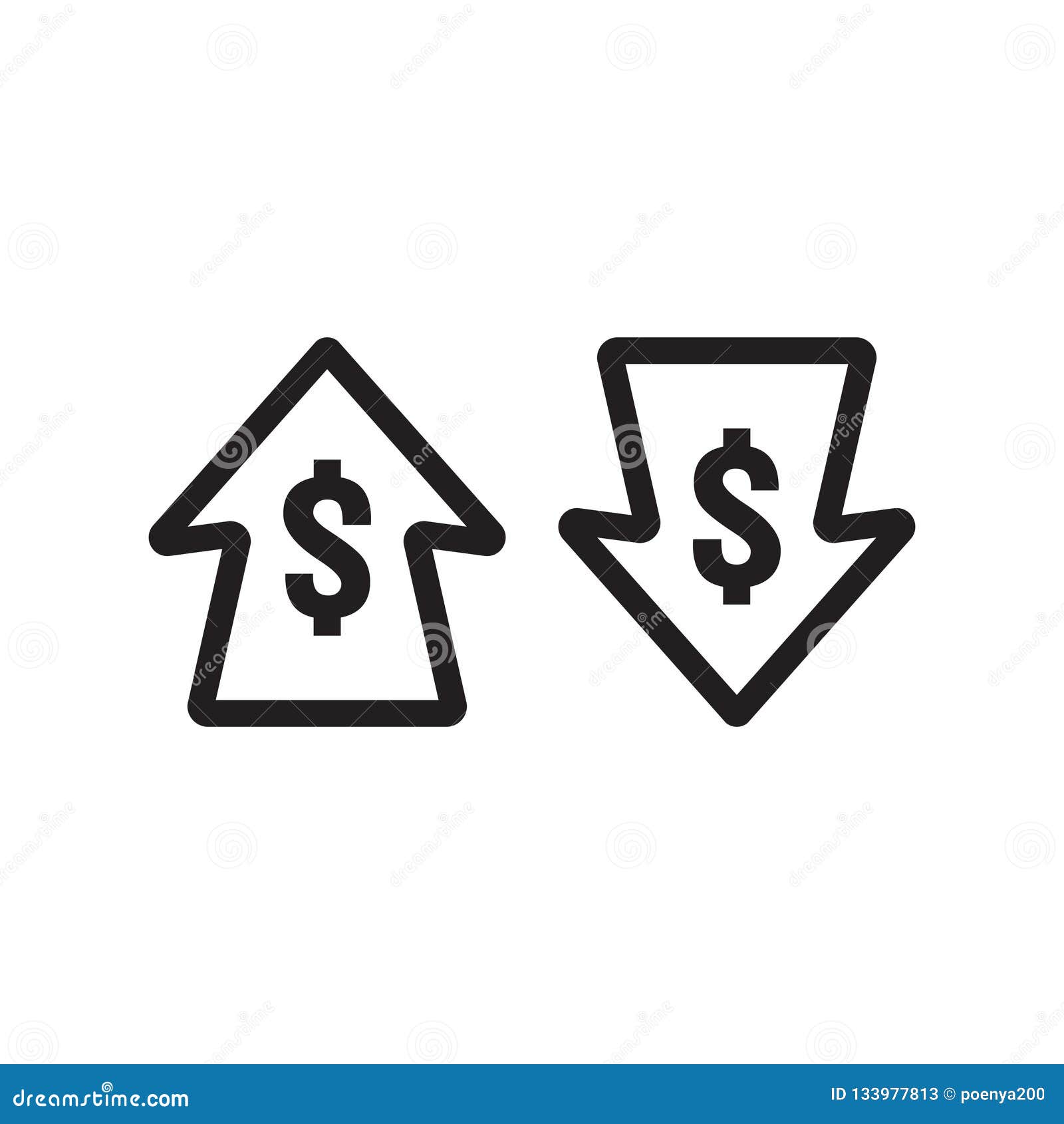 Dollar Increase Decrease Icon. Money Symbol with Arrow Stretching Rising Up and Drop Fall Down ...