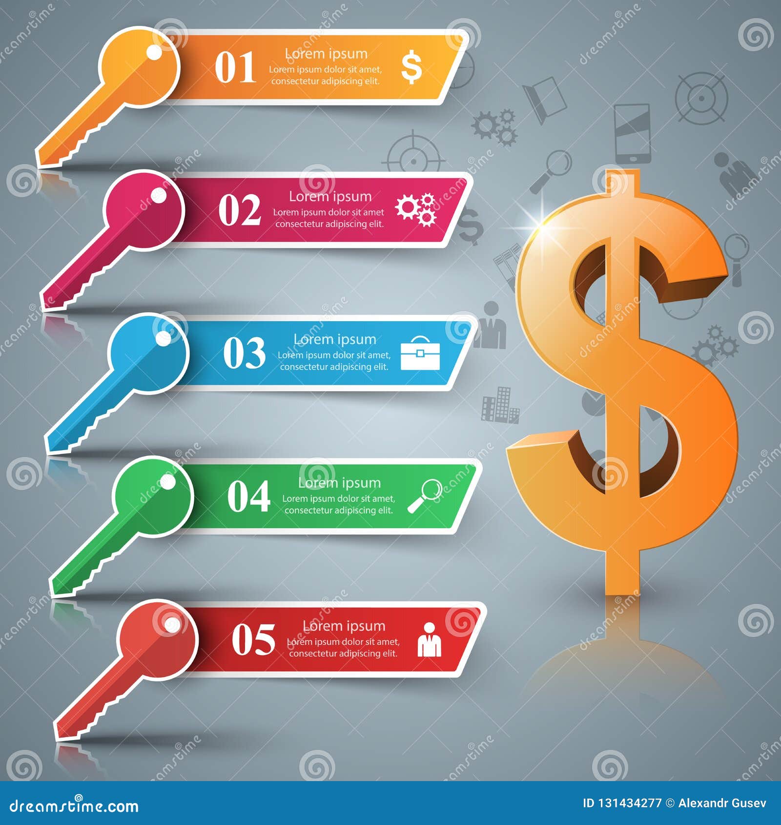 Dollar, Key Five Paper Infographic. Stock Vector - Illustration of ...