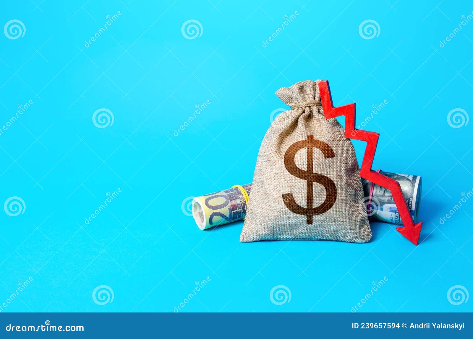 Dollar Money Bag and Arrow Down. Falling Economy. Drop in Profits ...