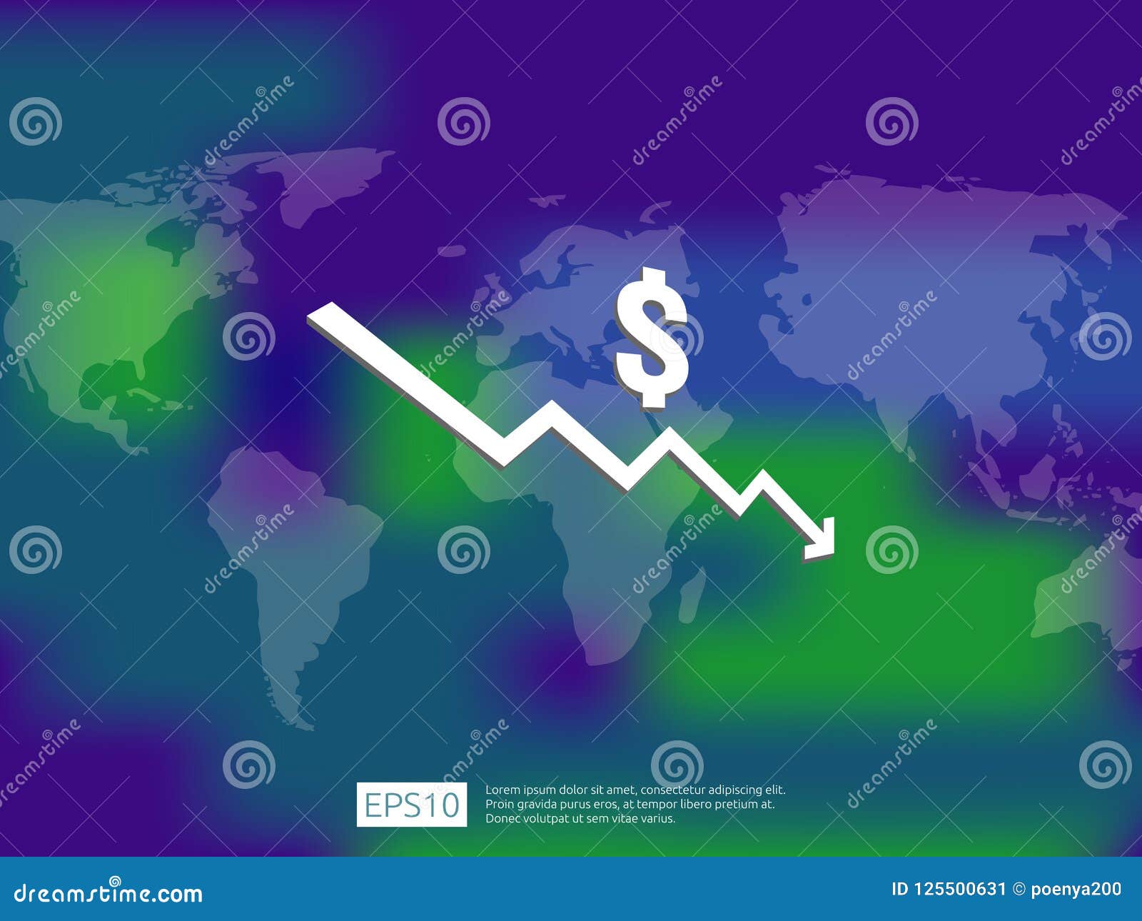 Dollar Money Fall Down Symbol with World Map and Blur Background. Arrow ...