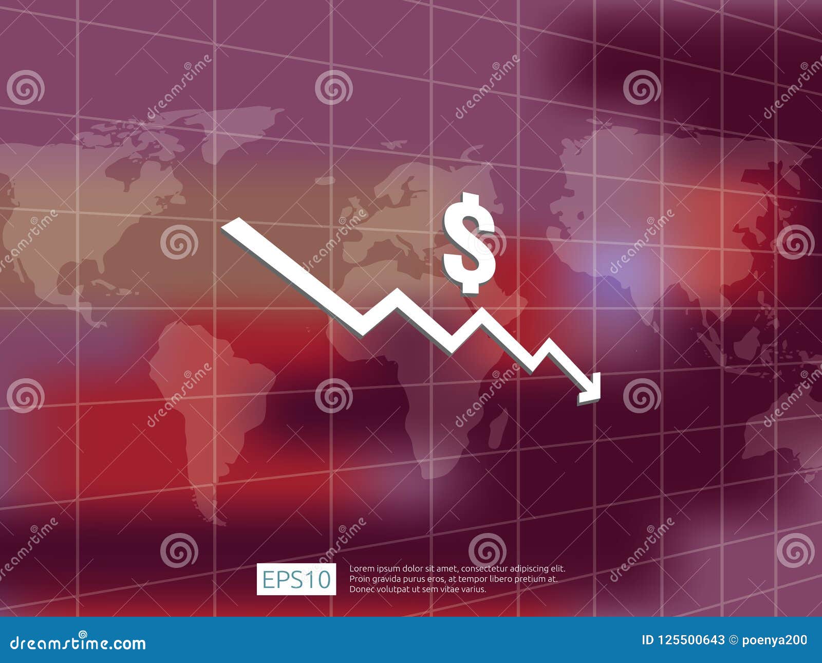 Dollar Money Fall Down Symbol with World Map and Blur Background. Arrow ...