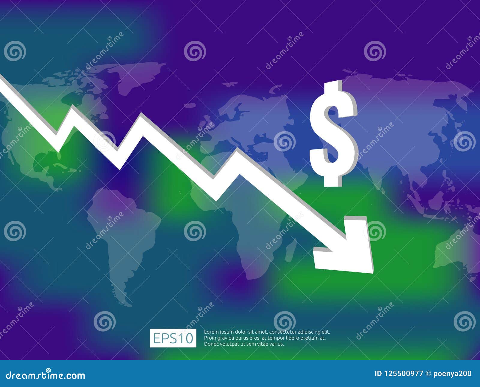 Dollar Money Fall Down Symbol with World Map and Blur Background. Arrow ...