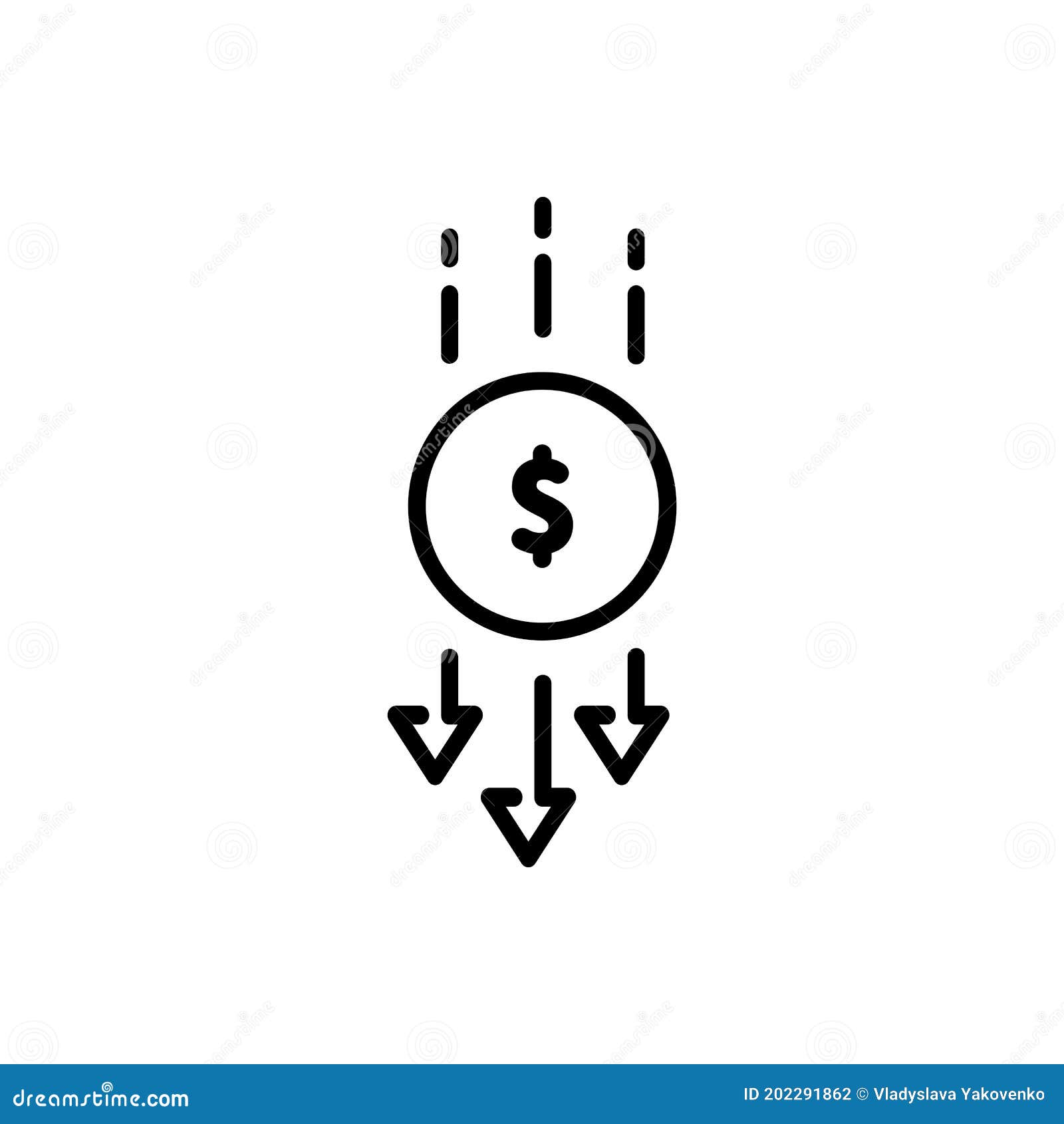 Dollar Rate Decrease Vector Line Icon. Money Symbol with Down Arrow. Money Crisis Icon. Lower ...