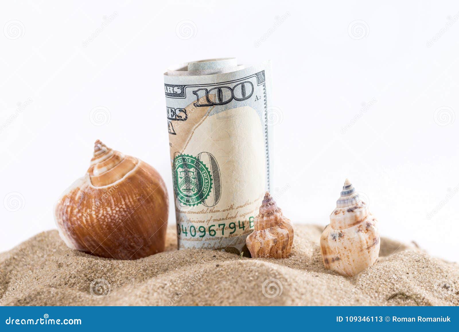 Dollar in Sand with Shell Isolated on White. Stock Image - Image of ...