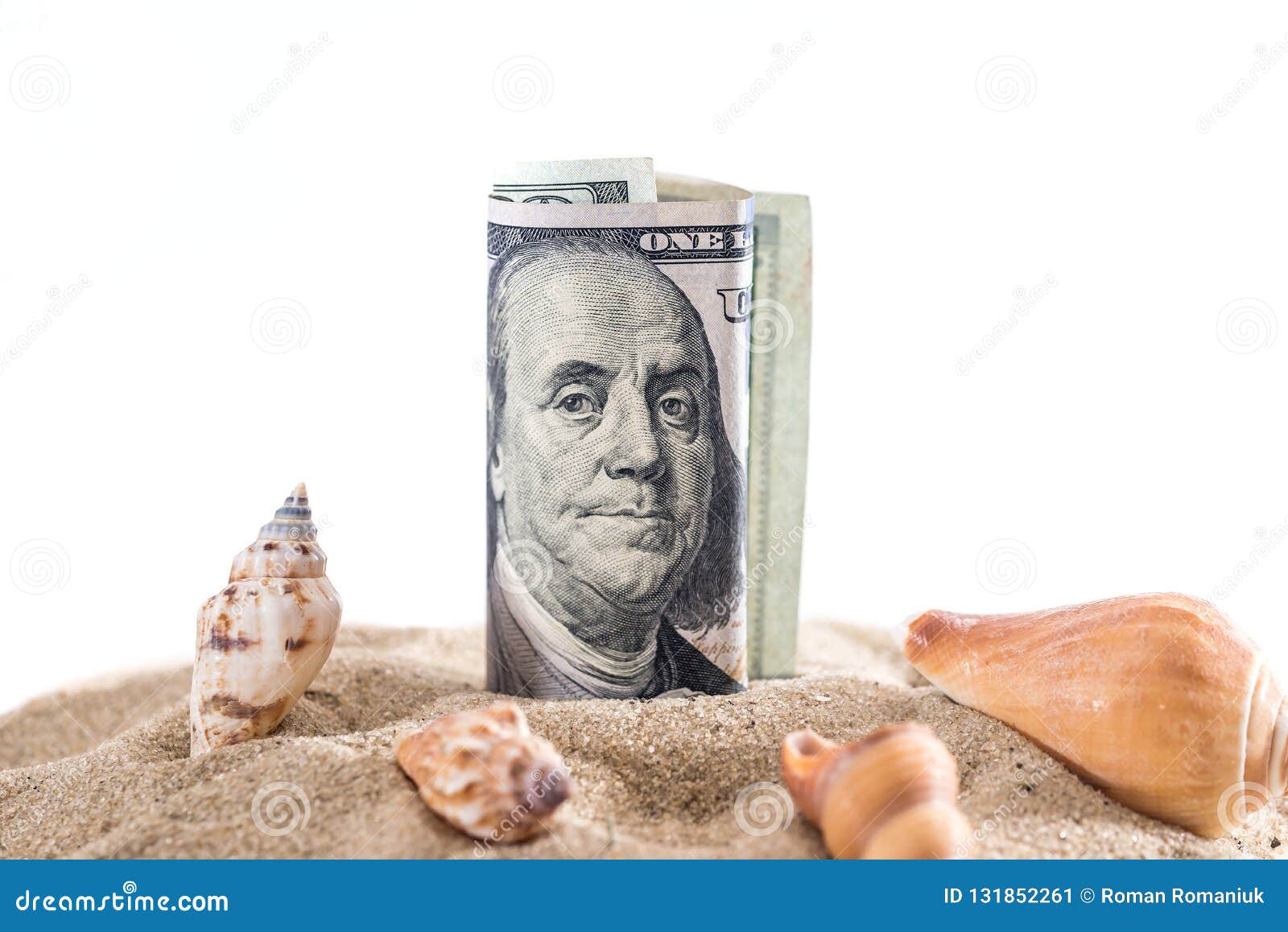 Dollar in Sand with Shell Isolated on White. Summer Concept Stock Image ...