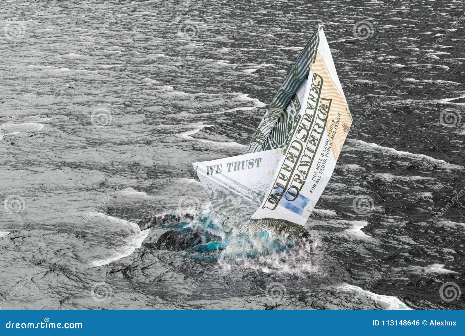 Dollar Ship Drowning in Water. 3D Rendering Stock Illustration ...