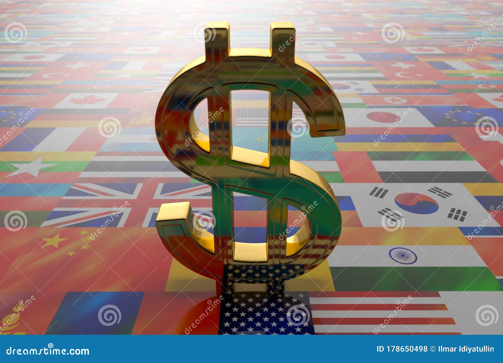 The Dollar Sign is Backlit, Standing on the Surface of the Flags of ...