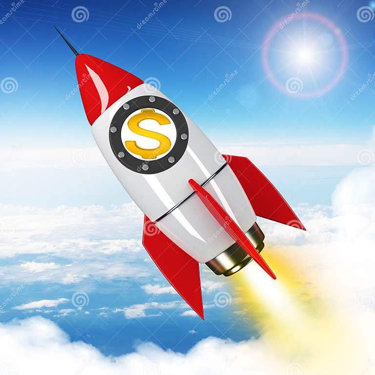 Dollar Sign Flying in Sky on Drawn Rocket Stock Photo - Image of ...