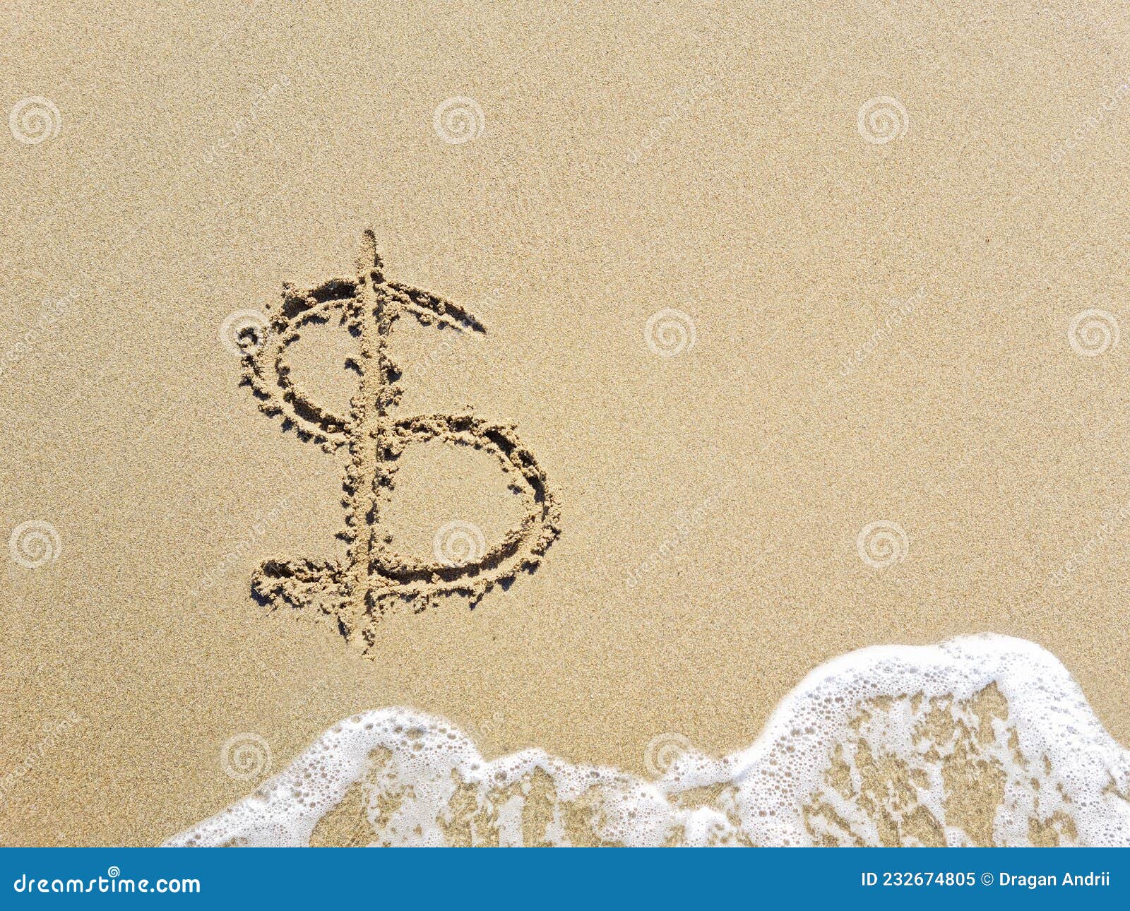 Dollar Sign in the Sand is Washed Away by the Wave. Template Copy Space ...
