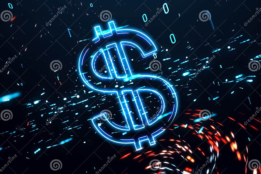 Dollar Symbol with Neon Effects and Binary Code. Economy and Digital ...