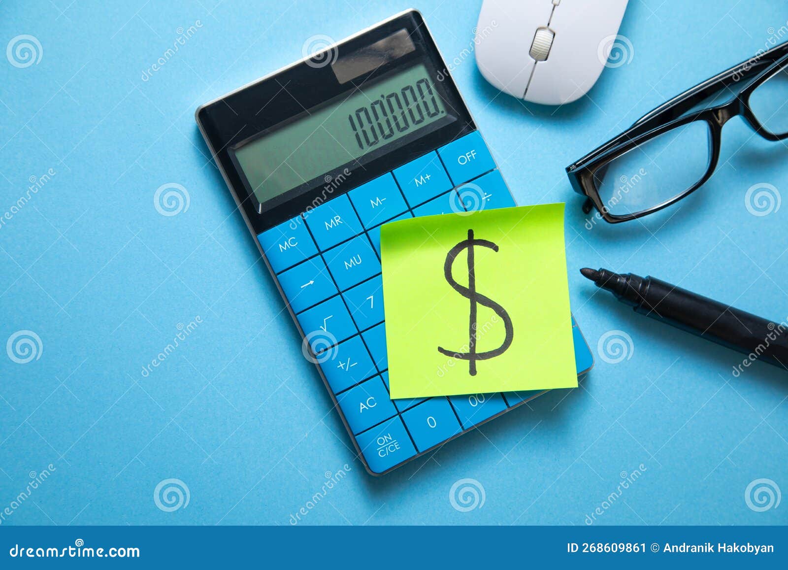 Dollar Symbol on the Sticky Note with a Calculator and Other Objects ...