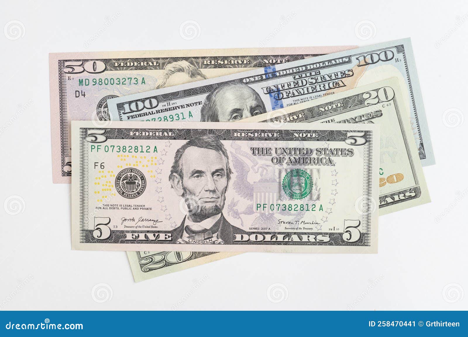 5, 20, 50, 100 Dollars Banknotes at Different Angles. Close Up of ...