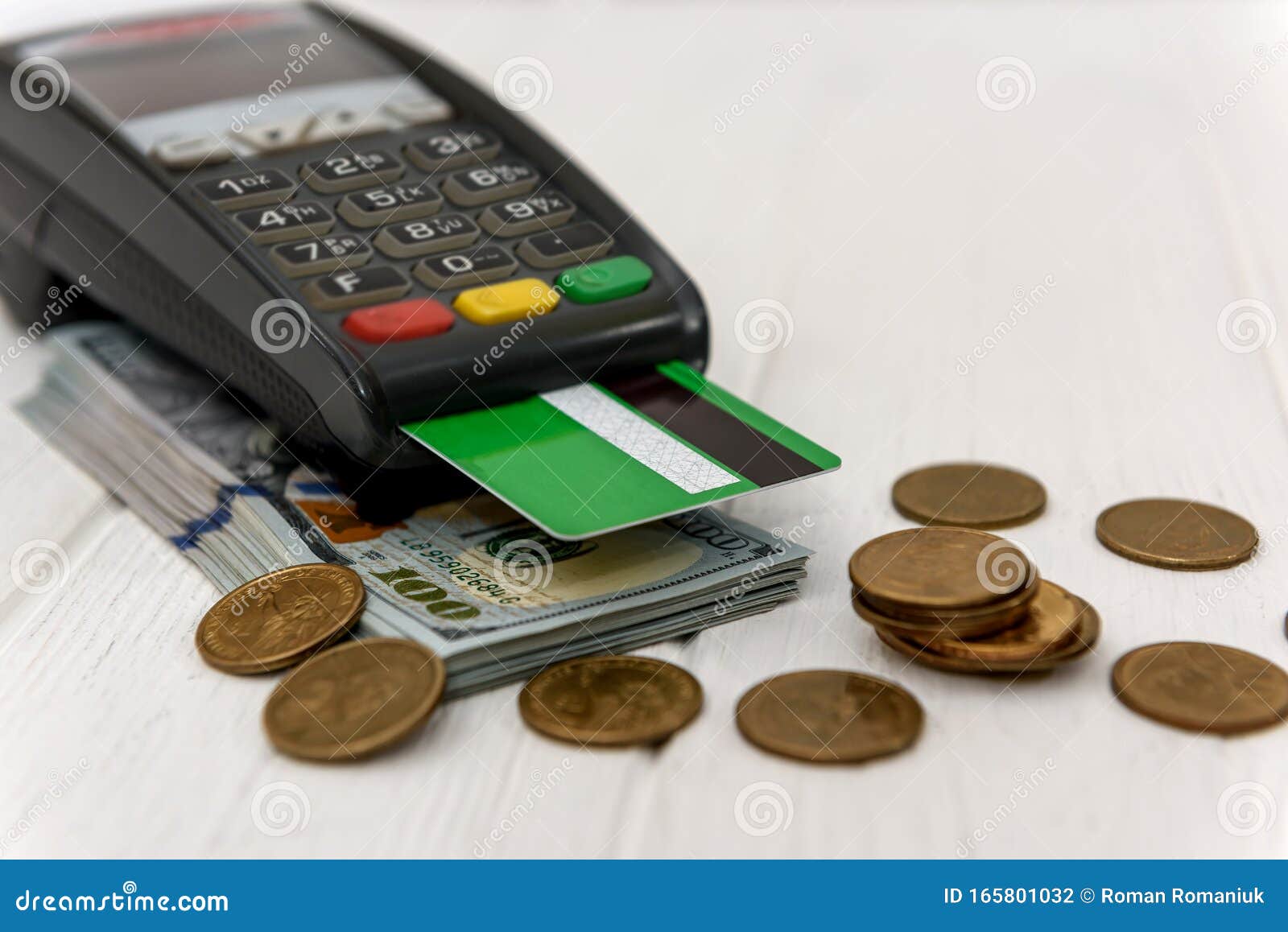 Dollars with Coins and Banking Terminal with Credit Card Stock Photo ...